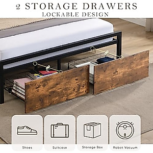 BACSWIHOM Queen Size Bed Frame with Storage Headboard and 2 Drawers, LED Lights Bed with Charging Station, Metal Platform No Noise, Mattress Foundation Strong Metal Slats Support No Box Spring Needed