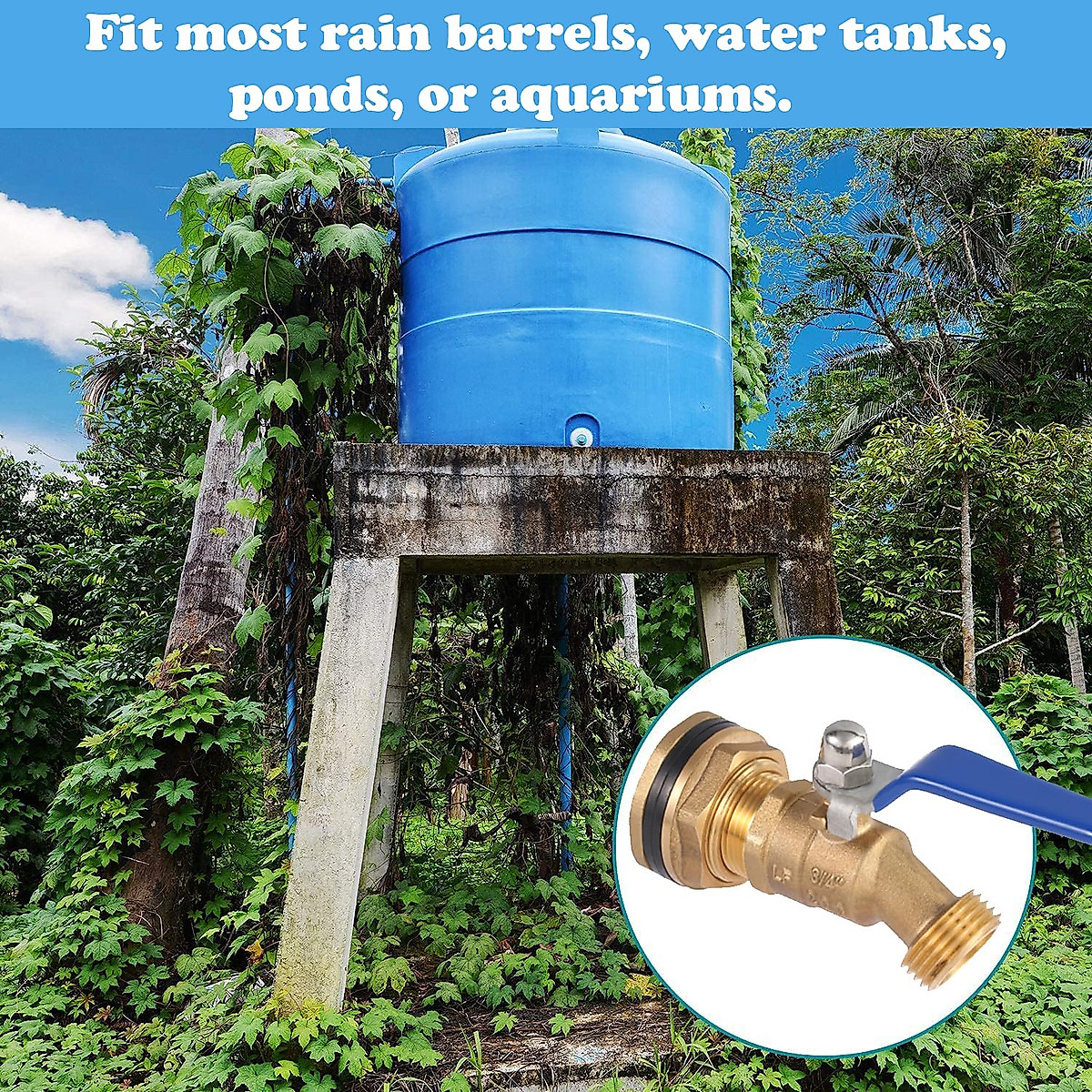 BILAL Brass Rain Barrel Spigot Kit. 55 Gallon Water Tank Faucet, Bulkhead Valve for Outdoor Plastic Bucket rainwater Drum gal Container downspout Collector in Garden, 1 inch O.D. Inlet GHT3/4 Outlet