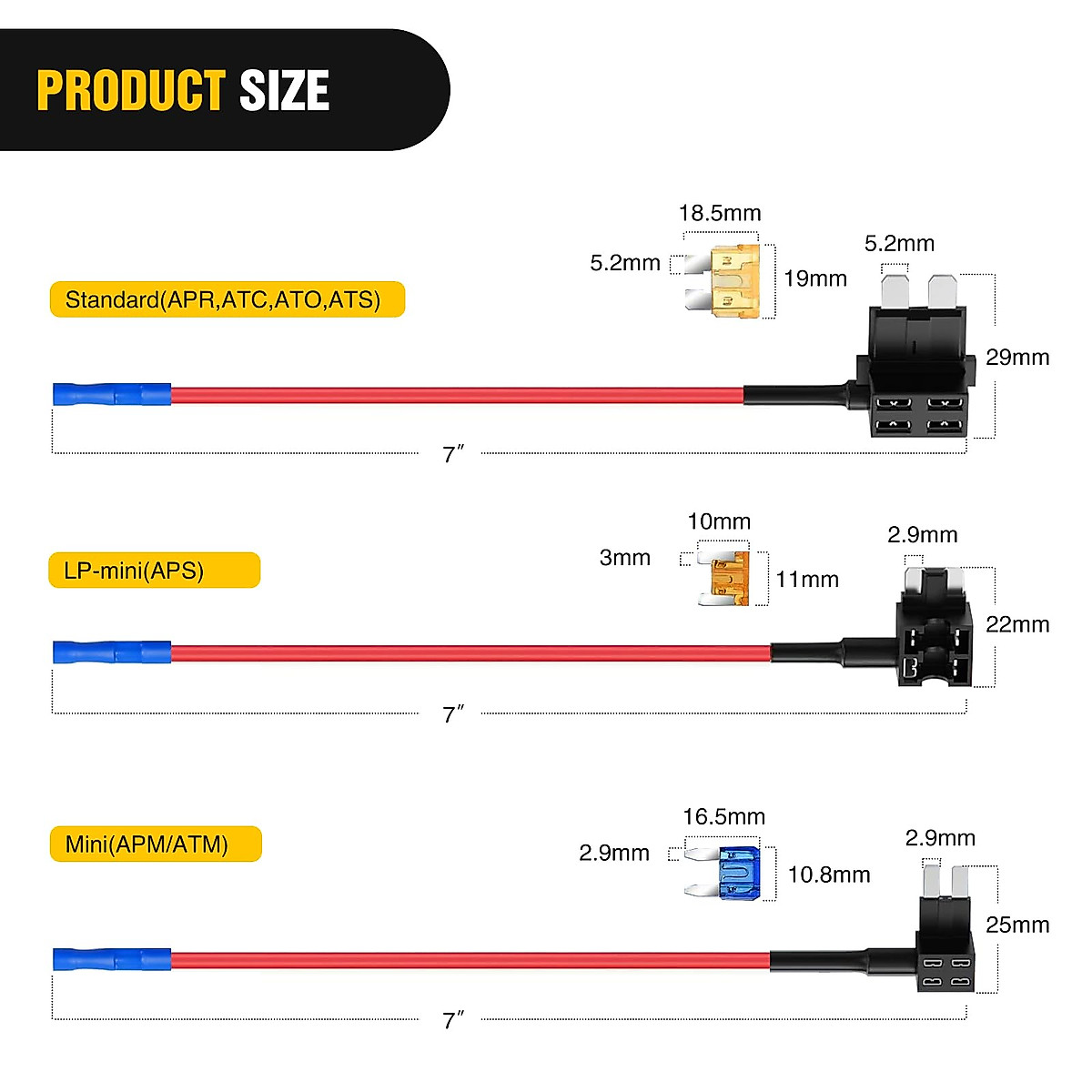 Nilight - 50040R 12V Car Add-a-Circuit Fuse Adapter with Standard and Mini TAP Profile TAP Blade Fuse for Cars Trucks Boats, 10 Pack Fuse Holder-3 types, 2 Years Warranty,Blue, Red, Black