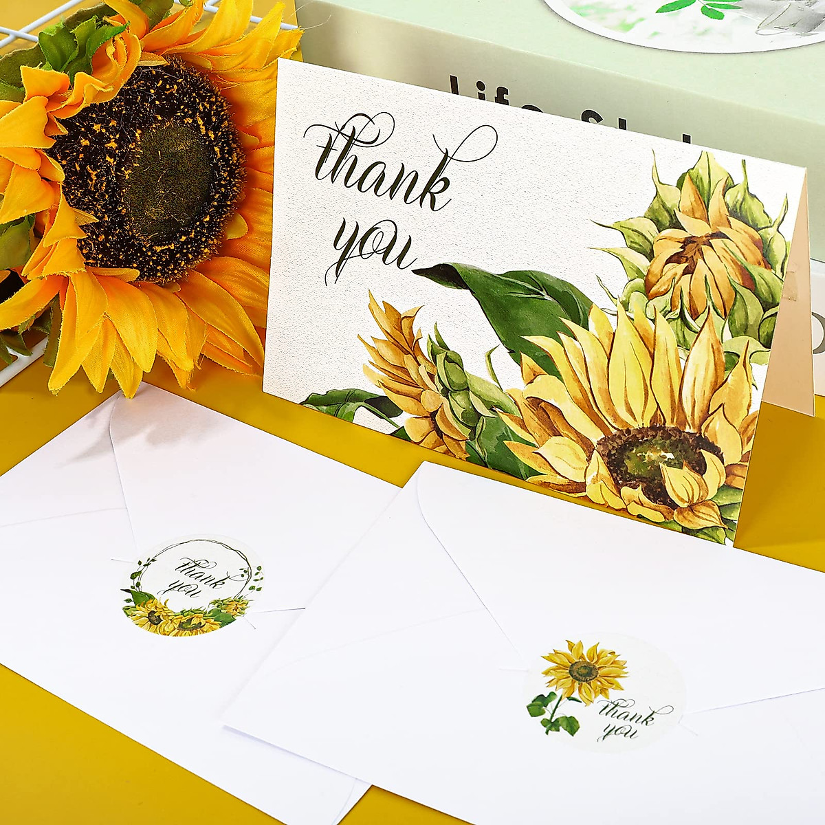 AnyDesign Sunflower Thank You Cards Bulk 30 Pack Thank You Notes with Matching Seal Stickers White Envelopes Floral Greeting Cards for Wedding Baby Shower Bridal Birthday Party, 4 x 6 Inch