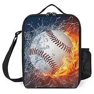 Insulated Lunch Box for Girls Boys, Leakproof Portable Lunch Bags with Adjustable Shoulder Strap and Side Pocket, Durable Reusable Cooler Tote Bag for Beach/Picnic/Office/Collega (Fire Baseball)