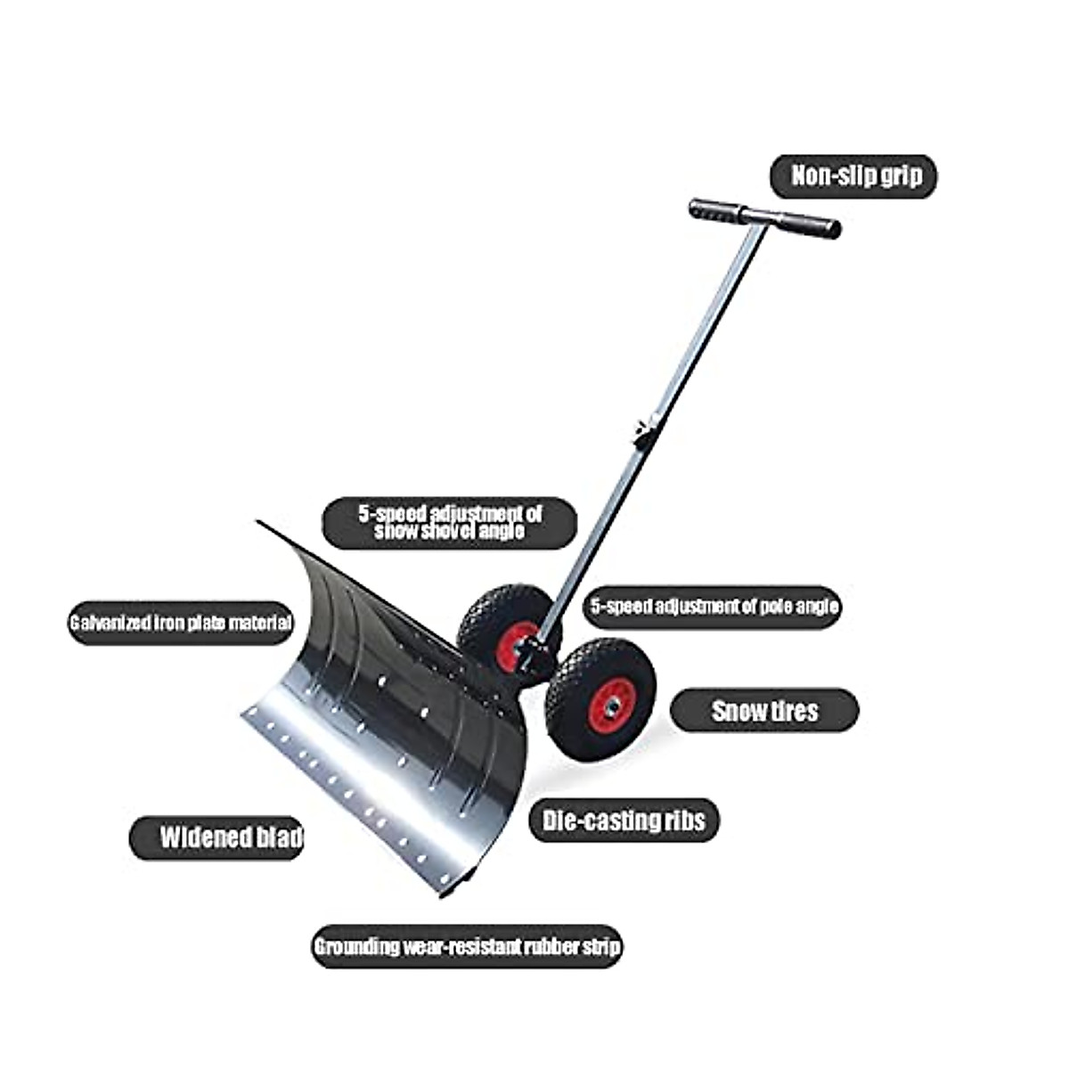 KOKMAT Snow Shovels, Rolling Snow Pusher 10in Wheels, Heavy Duty Metal Snow Pusher with Adjustable Height and Angle for Driveway, Garden, Pavement Cleaning (Size : Double Pole)