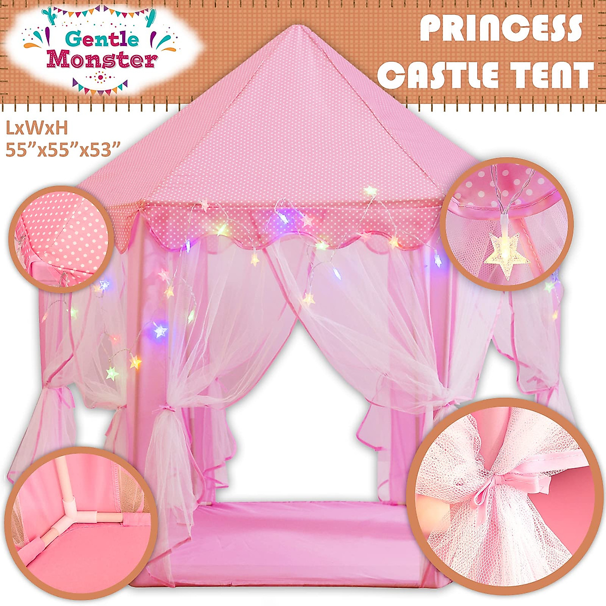 Princess Tent Girls Large Playhouse Kids Castle Play Tent with Star Lights, Bonus Princess Tiara and Wand Toy for Children Indoor & Outdoor Games, 55" x 53" Gifts Age 3+