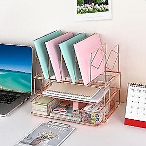 gianotter Desk Organizers and Accessories, Office Supplies Desk Organizer with Sliding Drawer, Double Tray and 5 Upright Section ​File Sorter Organizer (Rose Gold)