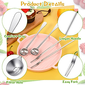 Didaey 4 Pcs 8.7 Inch Pickle Fork and Olive Spoon Strainer Set Stainless Steel Long Handle Pick Jar Serving Spoon with Drain Hole Spoon Prong for Onion Cucumber Arugula (Classic Style)