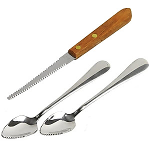 Rocky Mountain Goods Grapefruit Knife and Spoons Set - Curved Serrated Blade Knife and Two Grapefruit Spoons with Serrated Edge - Stainless Steel