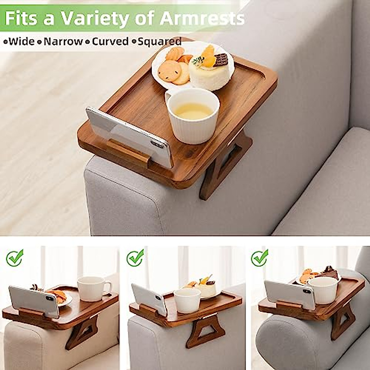 GEHE Acacia Wood Couch Arm Table, Folding Sofa Arm Table with 360 Rotating Phone Bracket, Wooden Couch Arm Tray for Small Spaces, Sofa table for Eating and Drinking, Back Non-slip Pad