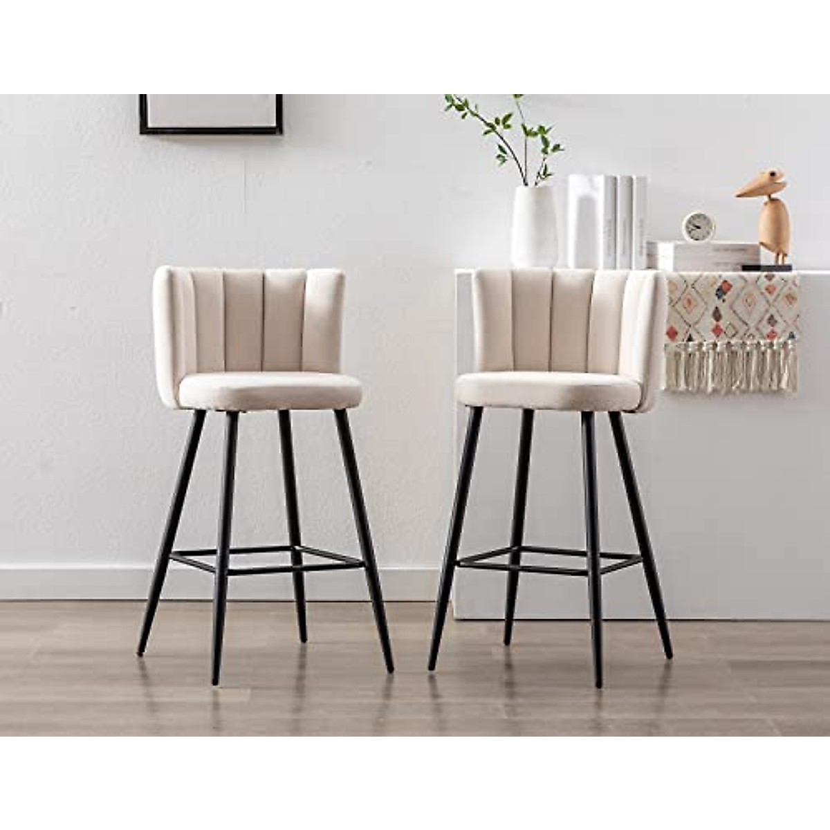 Kmax 30 Inch Bar Stools Set of 2 Modern Fabric Bar Stools with Black Footrest Petals Seat for Kitchen Island&Bar, Beige