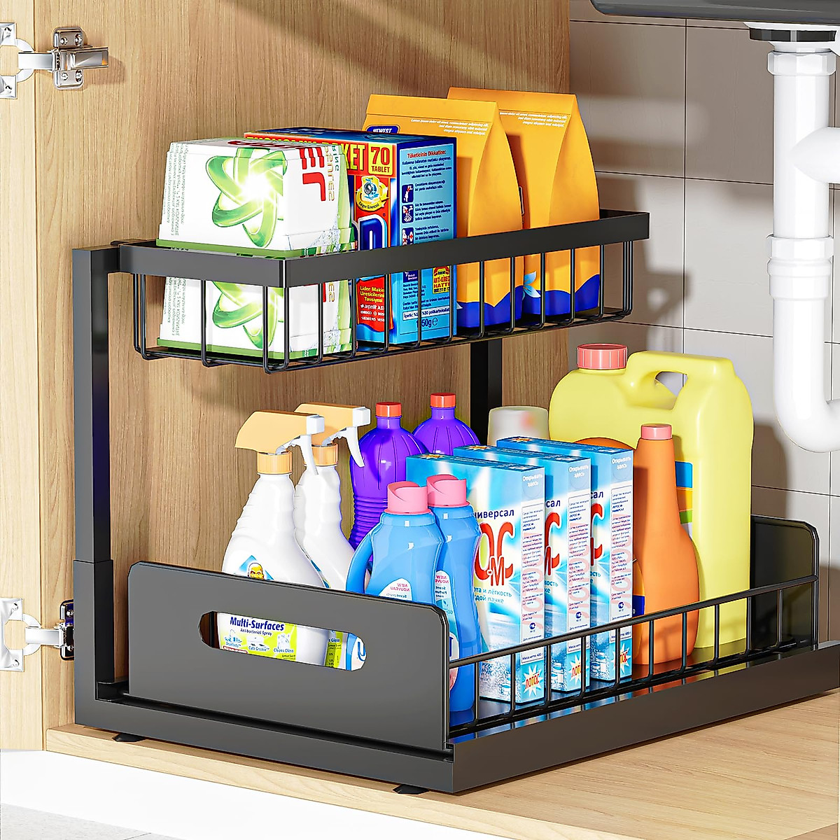 2 Pack Under Sink Organizer, 2 Tier Pull Out Cabinet Organizer Slide Out Sink Shelf Cabinet Storage Shelves, Under Sink Organizer and Storage for Kitchen Bathroom (2 Pack)