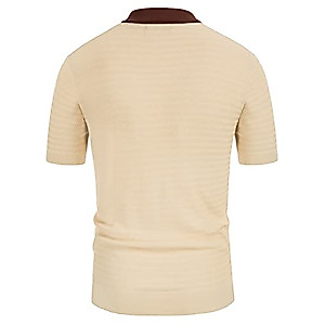 Mens Short Sleeve Vintage Stripe Knit Polo Shirts 60s Retro Sweater Polo Beige M