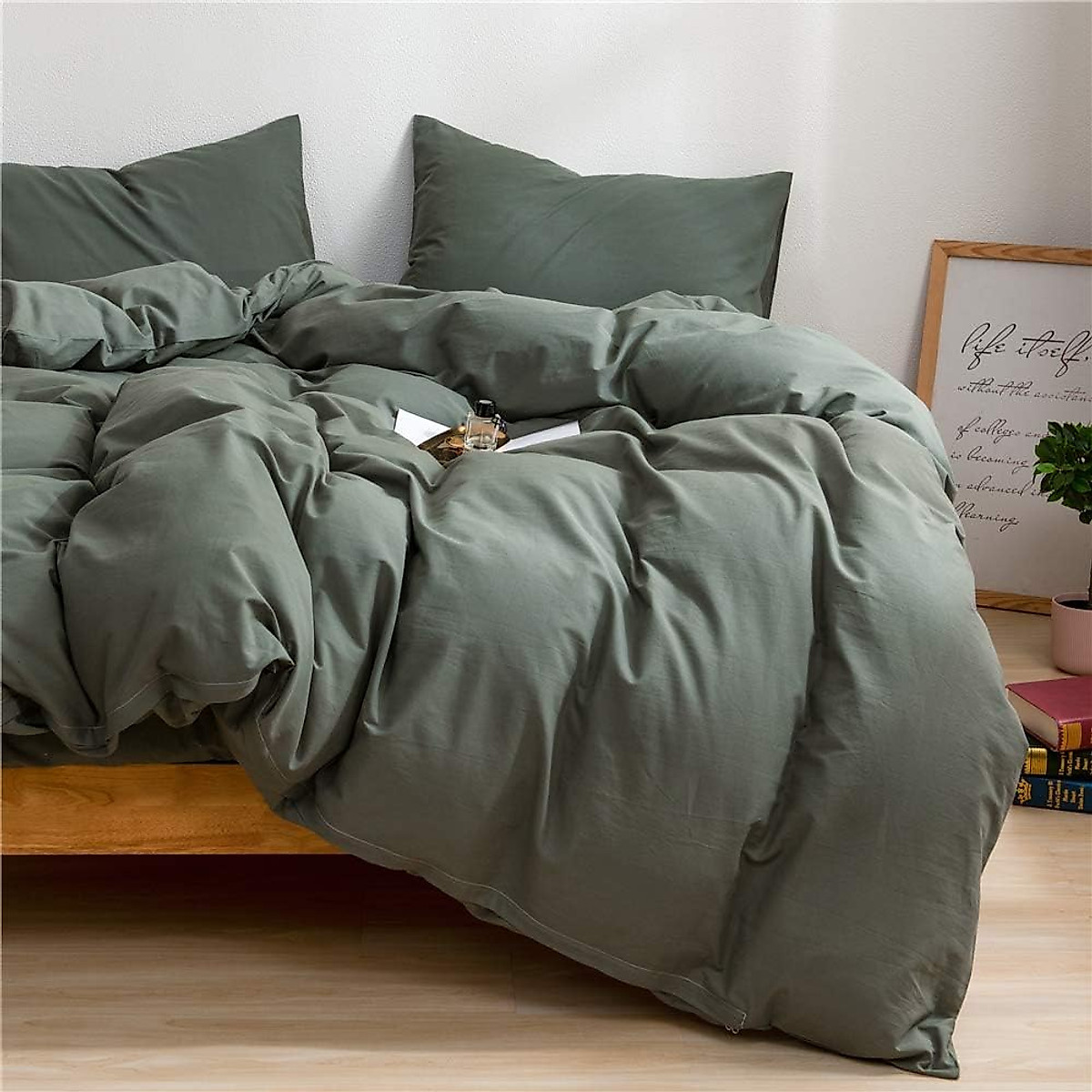 Mucalis Sage Green Duvet Cover Queen 100% Natural Washed Cotton Modern Solid Green Bedding Set with Pillowcases for Adult Girls Boys Zipper Closure Corner Ties Soft