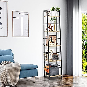 SpringSun 5-Tier Ladder Shelf Bookcase, Living Room Rustic Standing Shelf Storage Organizer, Wood and Metal Shelf for Home and Office
