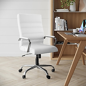 Flash Furniture Whitney High Back Desk Chair - White LeatherSoft Executive Swivel Office Chair with Chrome Frame - Swivel Arm Chair