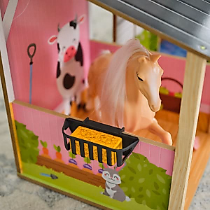 KidKraft Windmill Elevator 2-in-1 Wooden Barn & Dollhouse with Horse and Lights & Sounds, Over 3 Feet Tall, Pink