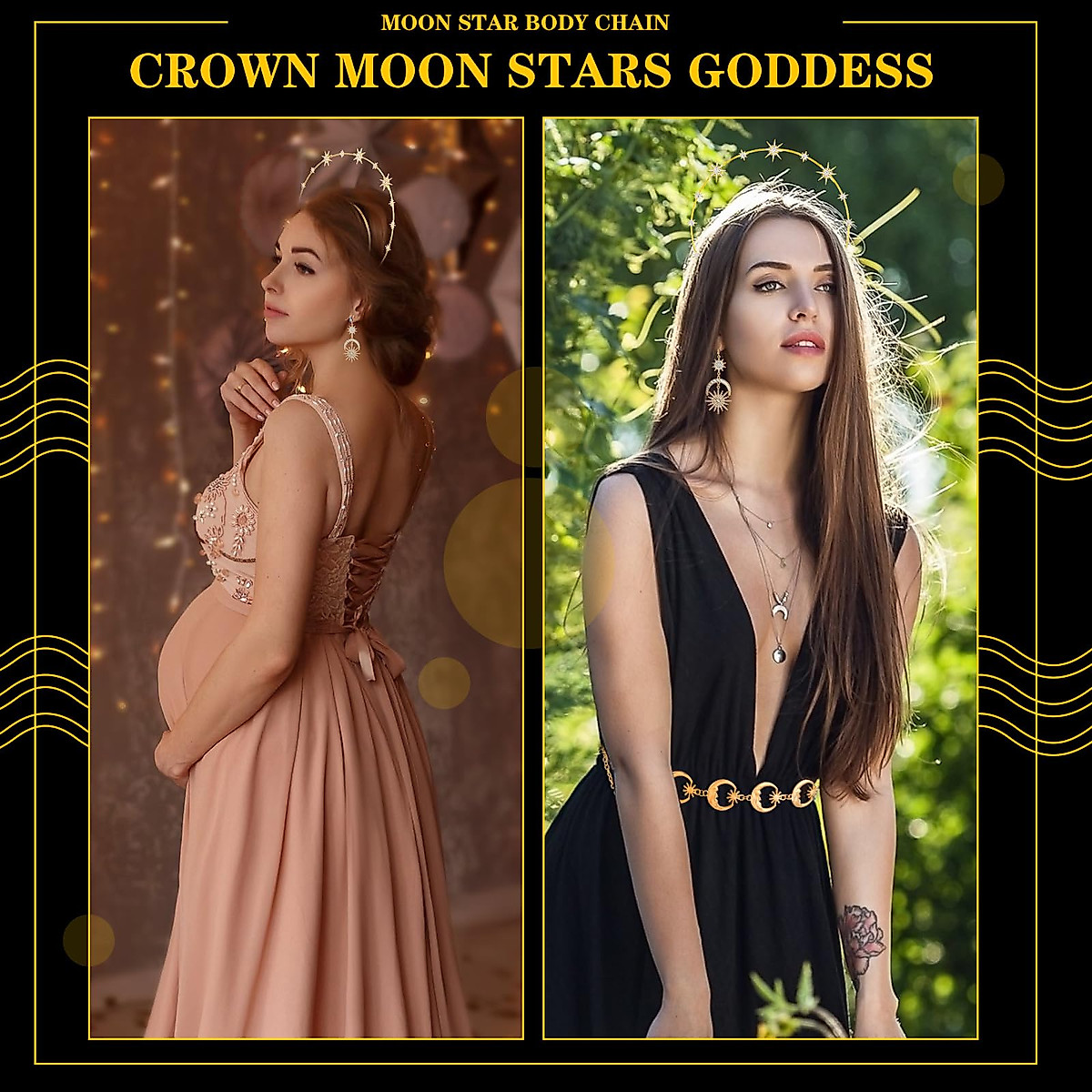 Cunno 3 Pieces Crown Earrings for Women Belt Chain Set Stars Crown Drop Earrings Moon Star Body Chain Belt (Elegant)