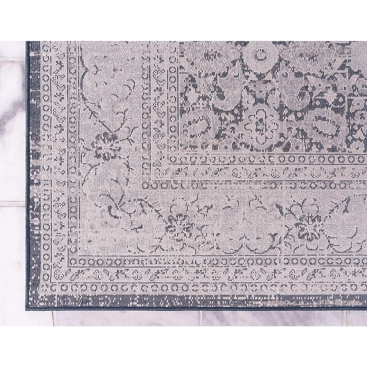 Unique Loom Leila Collection Distressed, Traditional, Vintage, Border, High-Low Pile, Botanical Area Rug, 8' 0 x 8' 0 Square, Navy Blue/Ivory