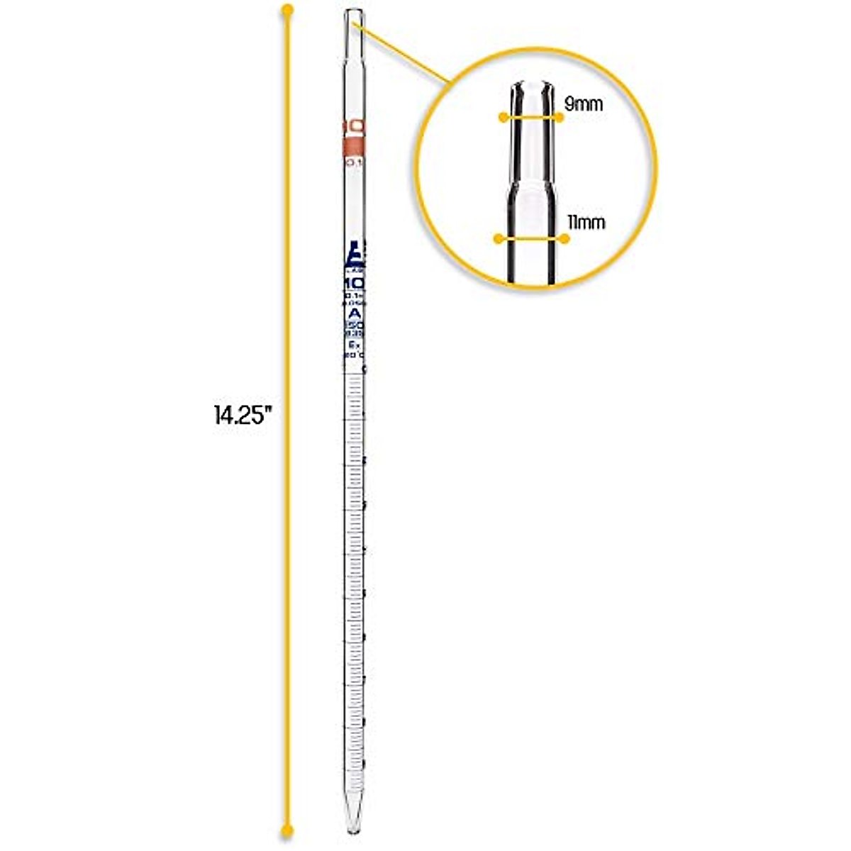 EISCO Serological Pipette, 10ml - Class A, Tolerance ±0.050ml - Blue Graduations - Color Code, Orange - Calibrated for Delivery to Jet - Borosilicate Glass