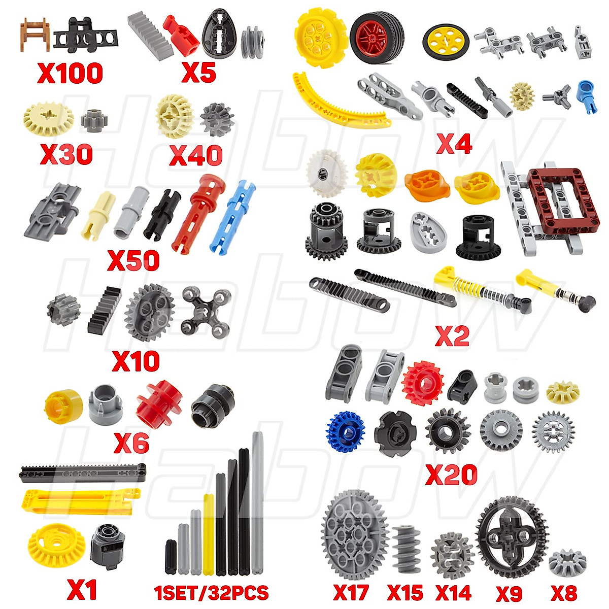 Habow 1085pcs Technic-Parts Gears-Axle-Pin-Connector Compatible with Lego-Technic Shock bsorber Wheels Chain Link Frame Joints Cam Worm Cogs Steering Differential Kit. MOC Pieces for Building-Blocks.