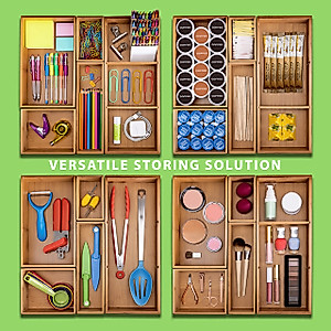 Seville Classics Bamboo Premium Organizer Storage Bins for Kitchen Silverware, Pantry, Closet, Office Desk, Pens, Utensils, Makeup, K Cup, Bamboo, Bin Set w/Dividers (5 Piece)