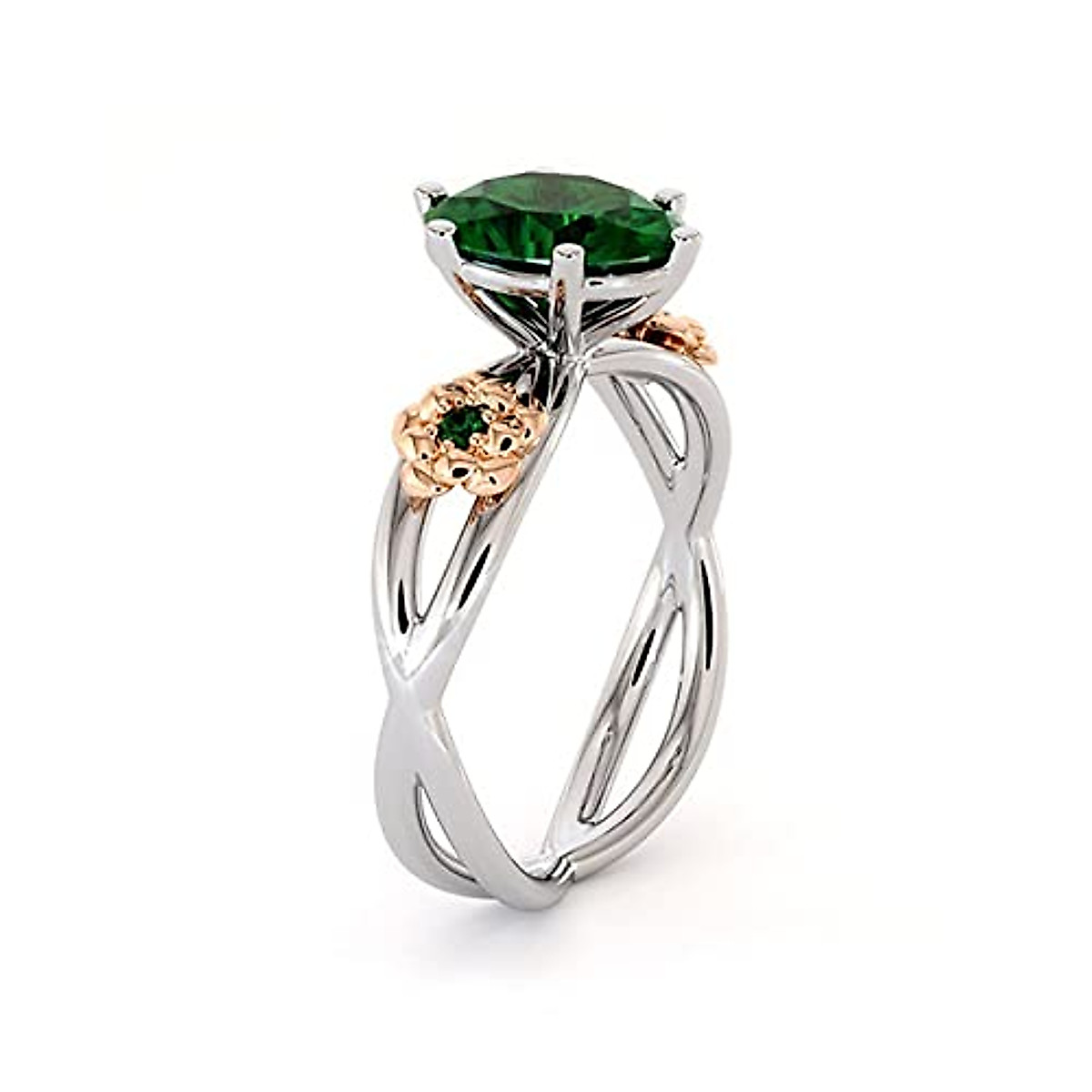 1 1/9 CT Oval Shape Simulated Green Emerald Floral Wedding Engagement Ring in 14K White Gold Plated 925 Sterling Silver (1.10 Ctttw) Ring Size - 12