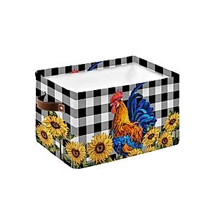 Storage Bins, Farm Rooster Sunflower Black and White Buffalo Plaid Storage Baskets for Organizing Closet Shelves Clothes Decorative Fabric Baskets Large Storage Cubes with Handles