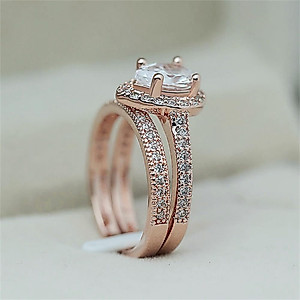 2 Pcs High Luxury Jewelry 18K Rose Gold Shiny Full Diamond AAA Pear Cut Teardrop Cubic Zirconia Solitaire Rings CZ Diamond Ring Set Eternity Engagement Wedding Band Set Promise Ring for Women (6)