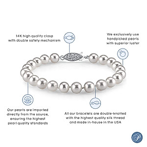 The Pearl Source 14K Gold 7-7.5mm AAA Quality Round White Japanese Akoya Saltwater Cultured Pearl Bracelet for Women