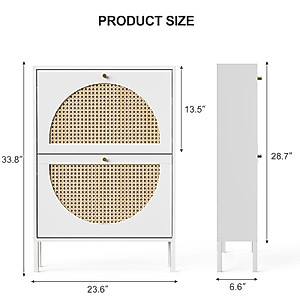 IKIFLY White Rattan Shoe Cabinet with 2 Flip Drawers, Narrow Free Standing Shoe Racks with Metal Legs, Shoe Storage Cabinet for Entryway, Living Room, Apartment