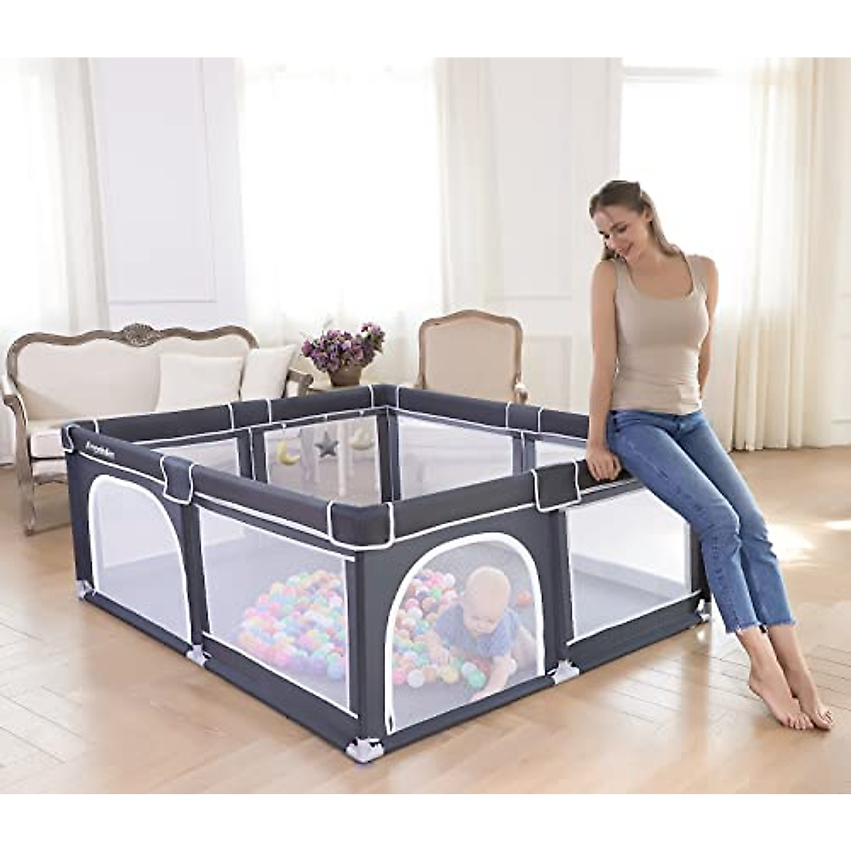 ANGELBLISS Baby Playpen, Extra Large Playard, Indoor & Outdoor Kids Activity Center with Anti-Slip Base, Sturdy Safety Play Yard with Breathable Mesh, Kid's Fence for Toddlers(Dark Grey,71”x59”)