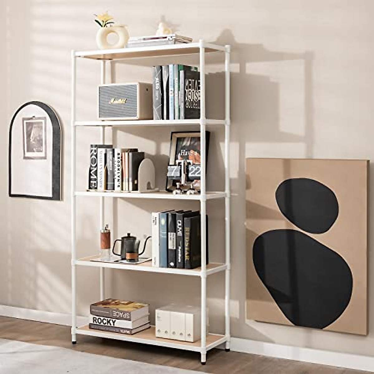 Giantex 5-Tier Industrial Bookshelf White - 61" Tall Open Display Shelving Rack with Anti-toppling Device, Adjustable Feet, Freestanding Storage Shelf for Living Room, Kitchen, Office, Bedroom