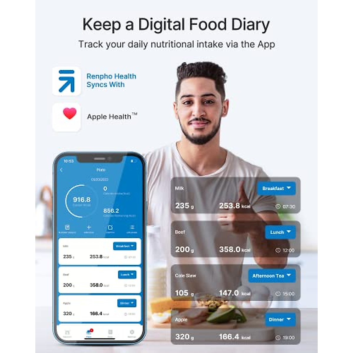 RENPHO Digital Food Scale, Kitchen Scale Weight Grams and oz for Baking, Cooking and Coffee with Nutritional Calculator for Keto, Macro, Calorie and Weight Loss with Smartphone App, Stainless Steel