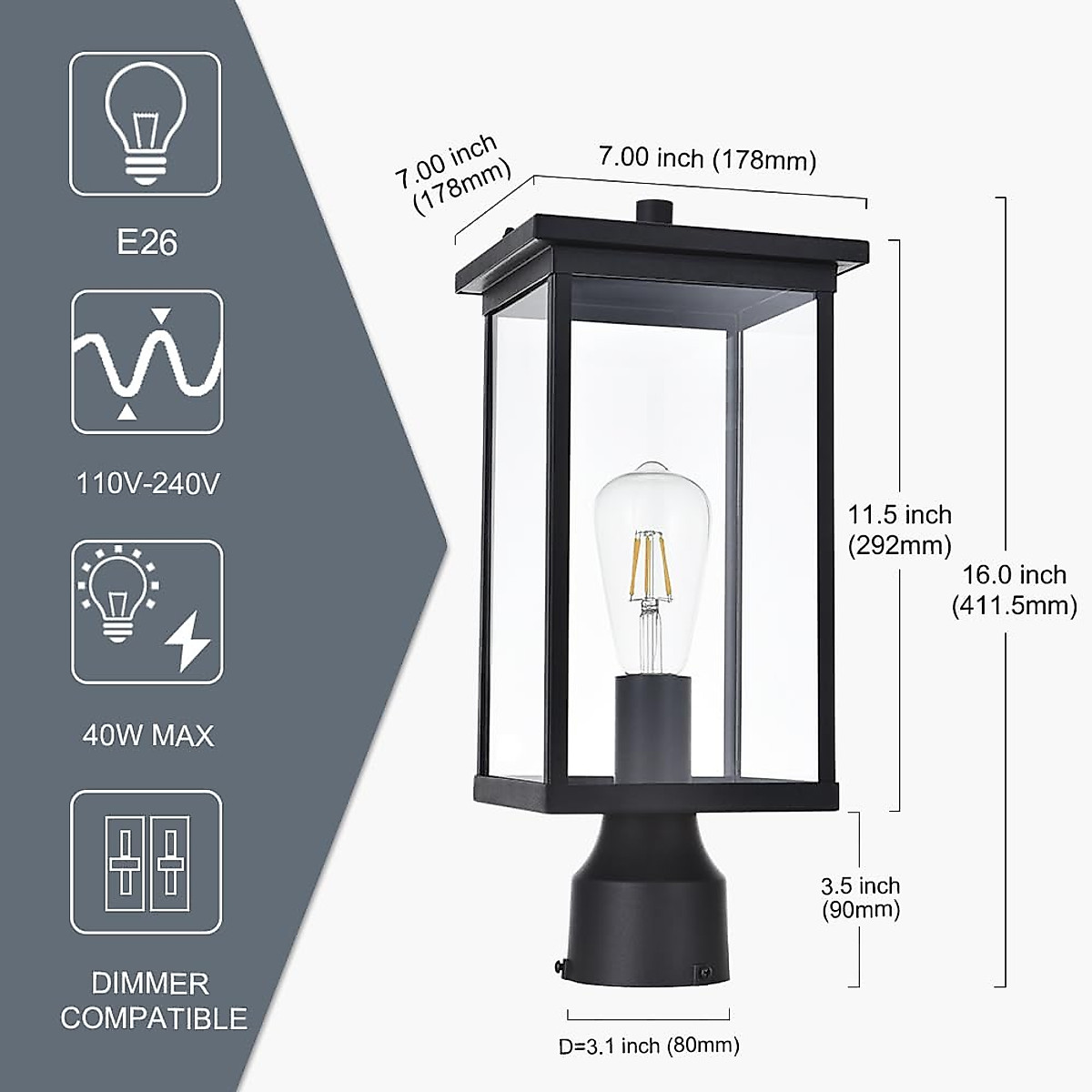 TODOLUZ Outdoor Post Light Fixture, Black 1-Light Exterior Post Lantern with Clear Glass, Porch Post Lighting for Patio Garden Walkway Path Doorway