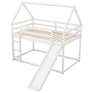 Harper & Bright Designs House Bed Bunk Beds with Slide, Wood Bunk Beds with Roof and Guardrail Twin Over Twin Bunk Bed for Kids, Toddlers, No Box Spring Needed (New, White)