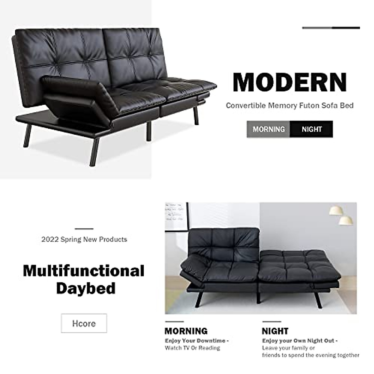 Vyfipt Futon Bed/Couch,Black Faux Leather Memory Foam Small Splitback Convert Backrests&Armrests,Easy to Clean Sofas, 71x33x31.5IN