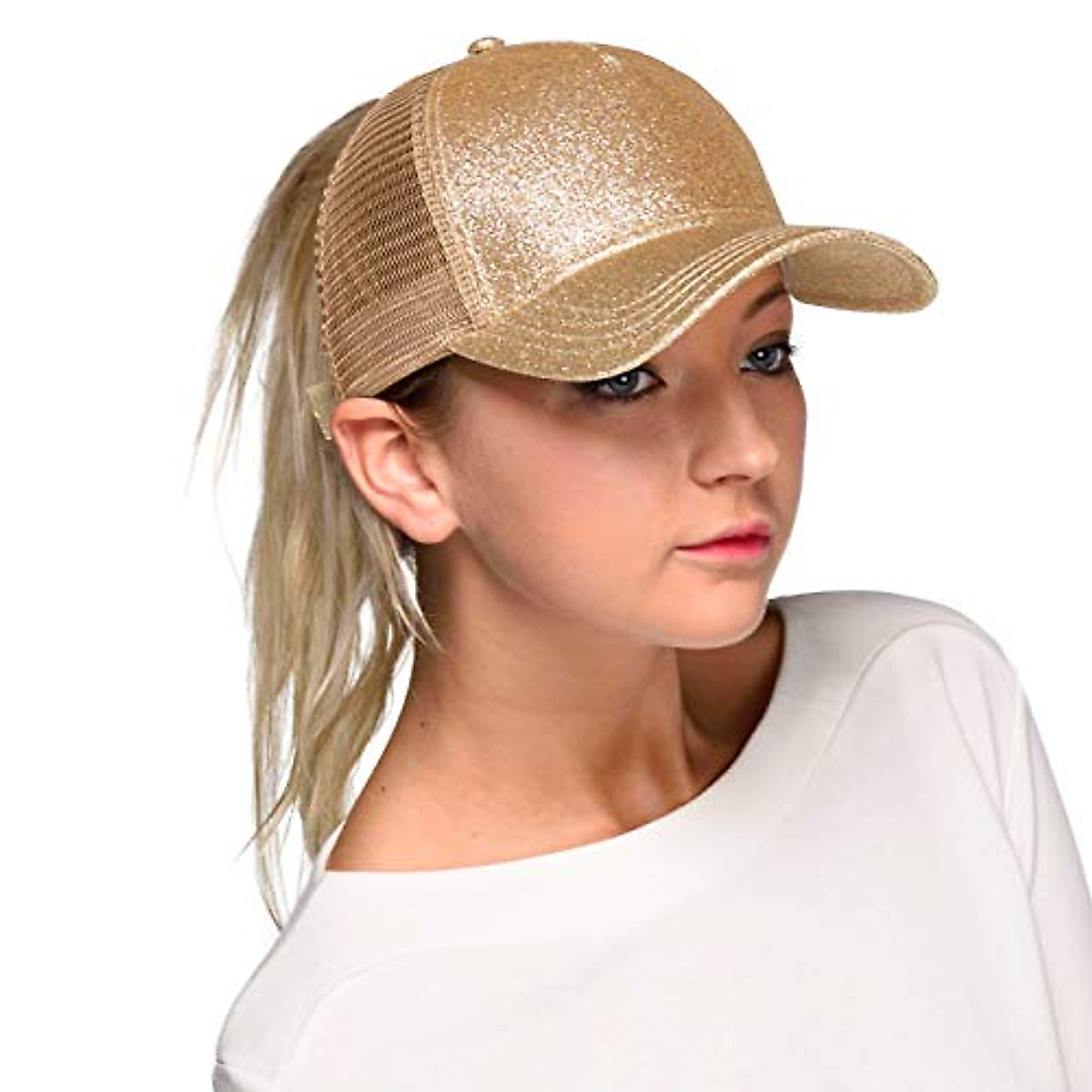 C.C Hatsandscarf Ponytail caps Messy Buns Trucker Plain Baseball Cap (BT-6) (Glitter-Gold)