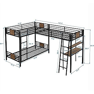 Cotoala Metal Triple Bunk Bed with Desk and Shelf, L-Shaped Bunkbed Attached Twin Size Loft Bedframe, for 3 Kids/Teens/Adults, Brown