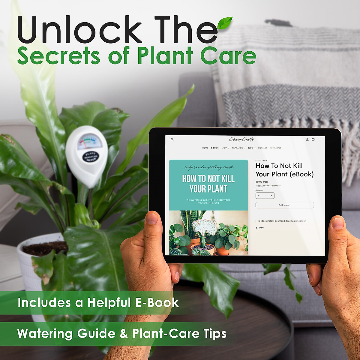 Classy Casita Soil Moisture Meter: Houseplant Care with eBook - Hydrometer Sensor For Plants - Essential Moisture Meter for Indoor & Outdoor Plants - Gardening Gadgets & Houseplant Accessories - White