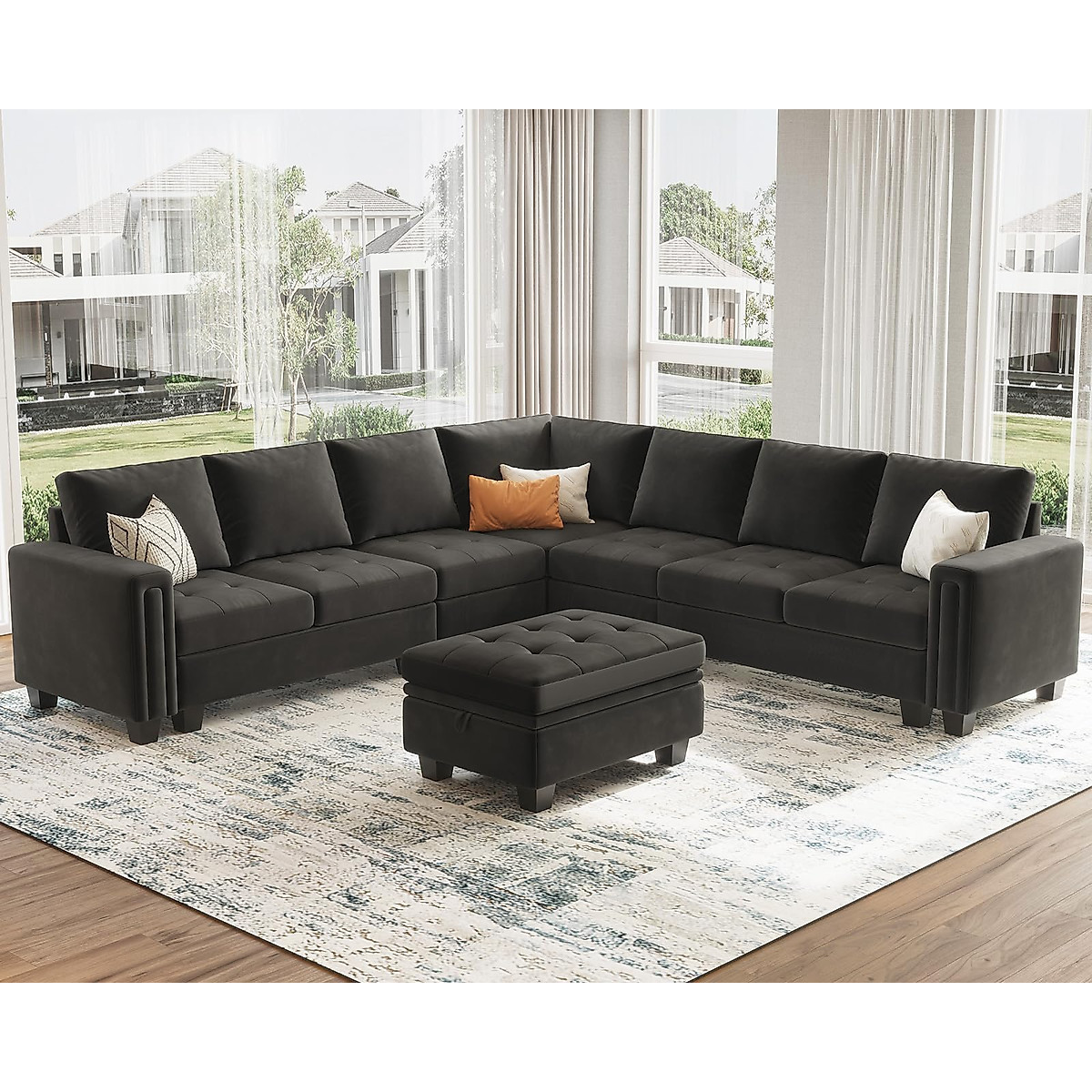 Belffin Velvet L Shaped Sofa Couch with Reversible Chaise Convertible Modular Sectional Sofa Set with Storage Ottoman Corner Sofa Set for Living Room Grey