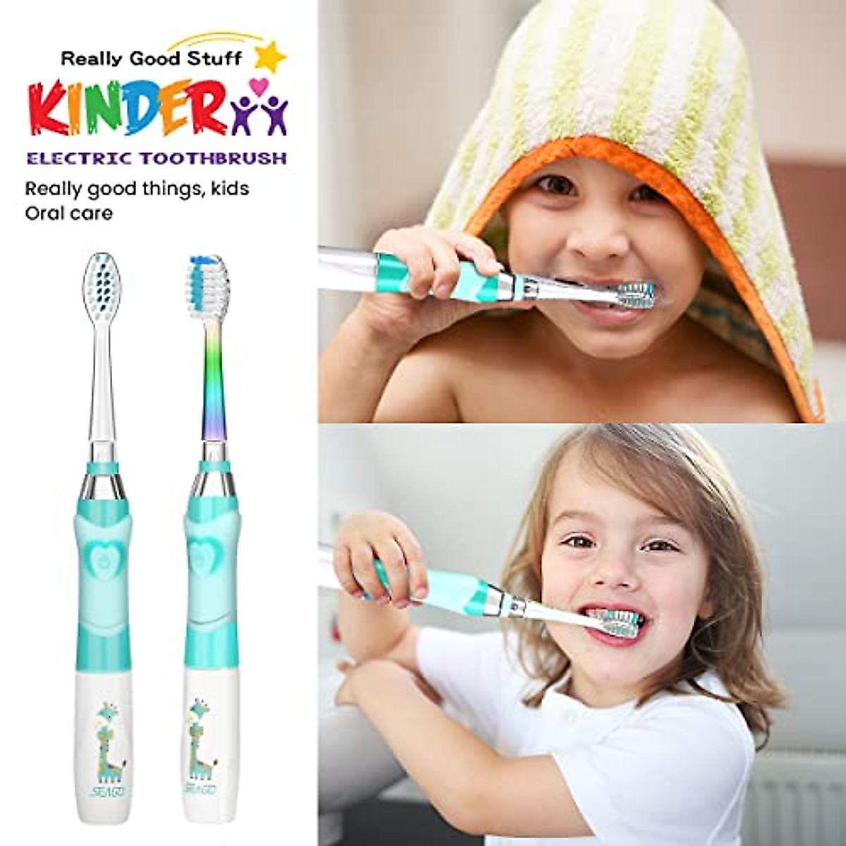 SEAGO Kids Electric Toothbrushes, Battery Powered Children Toothbrush with 2 Mins Timer and LED Light, Soft Kids Tooth Brush Sonic Toothbrush for Boys Girls Ages 4+ (Green)