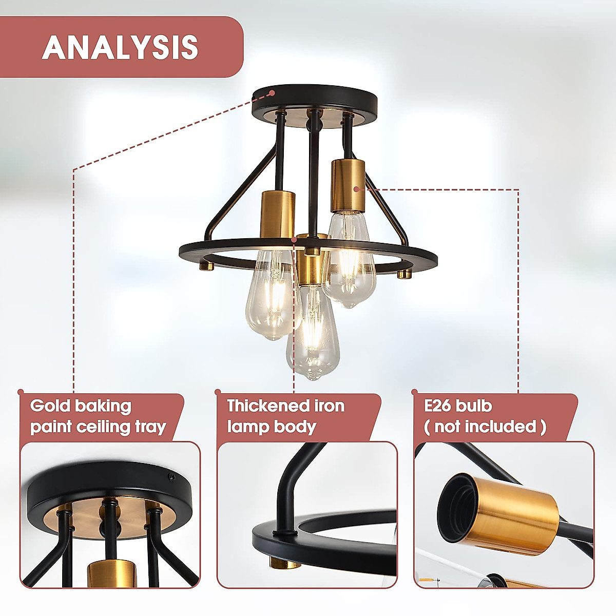 Qgiytp Industrial Semi Flush Mount Ceiling Light Fixture 3-Light Matte Black and Gold Chandelier E26 Farmhouse Ceiling Lamp for Entryway Hallway Bedroom Passway Balcony