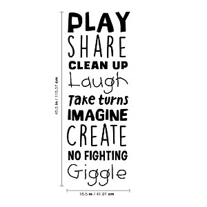 Vinyl Art Wall Decal - Play Share Clean Up Laugh Take Turns Imagine No Fighting Giggle - 45.5" x 16.5" - Cute Modern Decals for Kids Toddlers Home Bedroom Playroom Apartment Nursery Decor Stickers