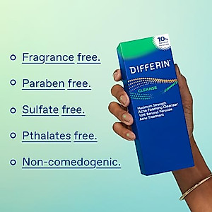 Differin Acne Face Wash with 10% Benzoyl Peroxide, Maximum Strength OTC Acne Foaming Cleanser, Fast Acting Acne Treatment for Face and Body, 5 oz.