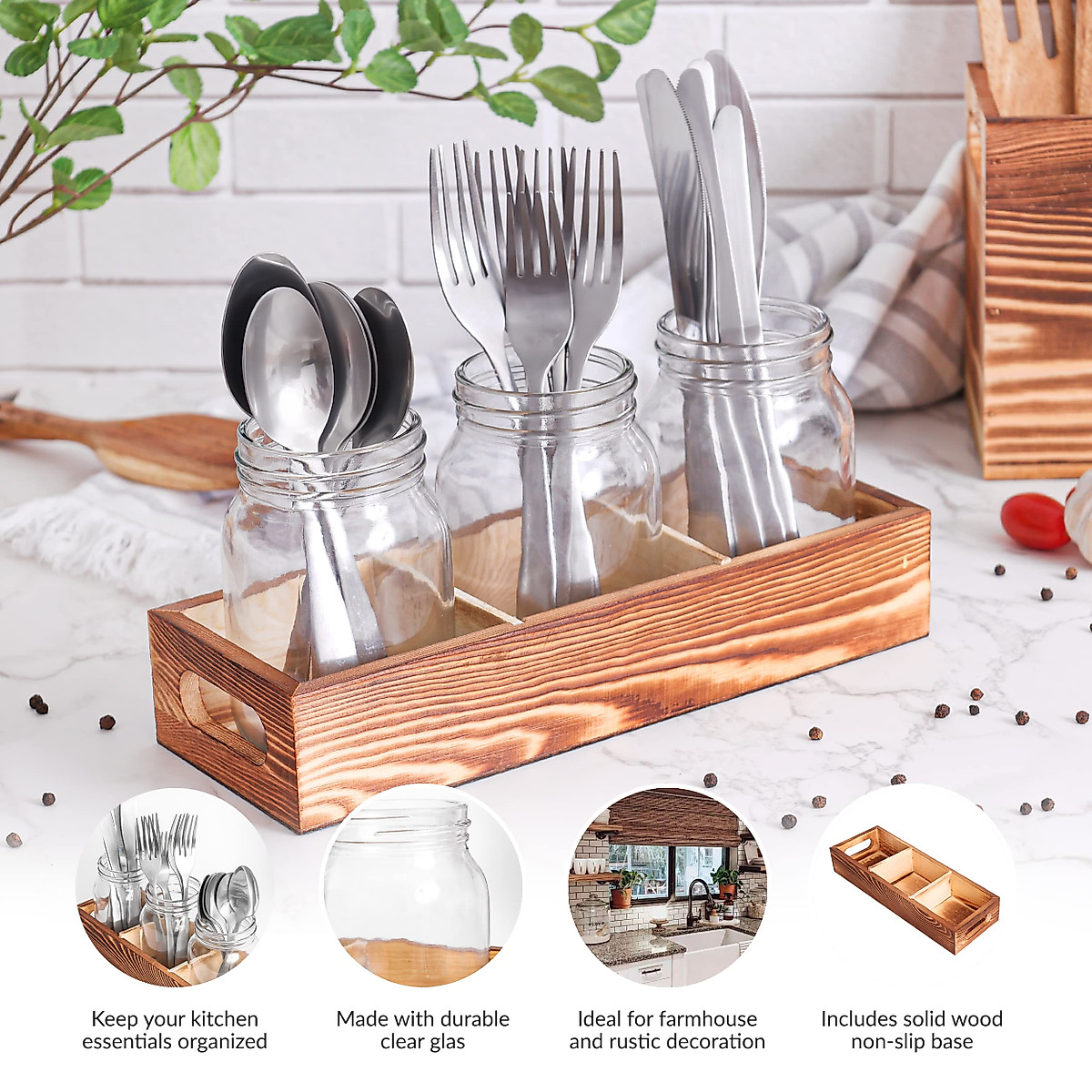 CB Accessories Mason Jar Glass Utensil Holder Flatware Caddy Silverware Organizer for Spoons, Knives and Forks with Rustic Wood Tray