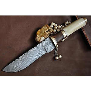 Perkin - Custom Handmade Damascus Hunting Knife - Bone & Burl Wood Handle