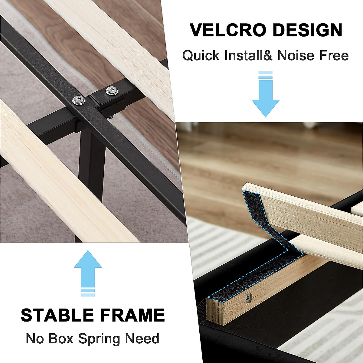 VECELO Queen Bed Frame with Upholstered Headboard, Platform Mattress Foundation with Strong Wooden Slats Support, No Boxing Spring Needed, Easy Assembly, Black