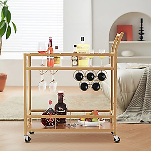 JUMMICO Bar Cart Industrial Home Mobile Wine Cart Serving Bar Cart on Wheels with Storage Shelves Wine Rack and Glass Holder for Living Room, Kitchen, Corridor, Hallway,Gold