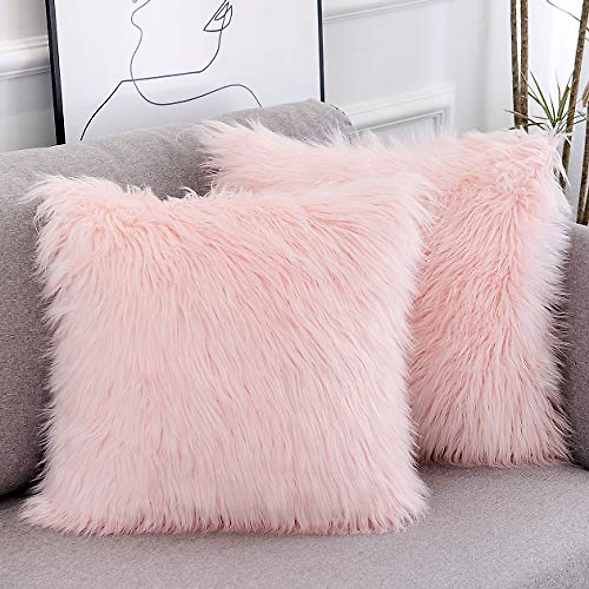WLNUI Set of 2 Pink Fluffy Pillow Covers New Luxury Series Merino Style Blush Faux Fur Decorative Throw Pillow Covers Square Fuzzy Cushion Case 18x18 Inch