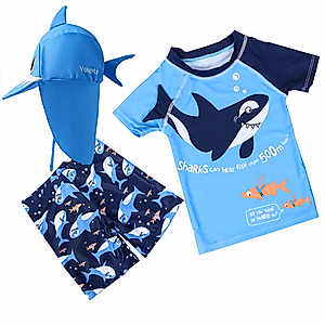 Baby Toddler Boys Two Pieces Swimsuit Set Swimwear Dinosaur Bathing Suit Rash Guards with Hat UPF 50+ (Shark, 6-9 Months)