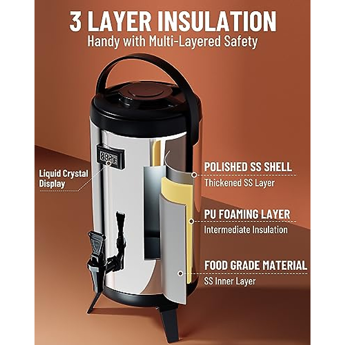 WantJoin Insulated Beverage Dispenser-75 Cup Hot&Cold water Urn for Catering-Stainless Steel Premium 12 L/3.2 Gallon Hot Drink Dispenser with Spigot for Coffee & Hot tea,Cold Milk,Water,Juice(Silver)