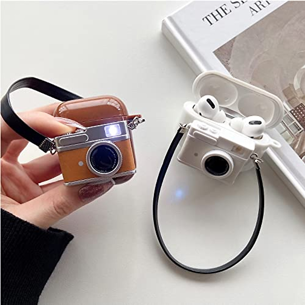LUVI Compatible with AirPods Pro Retro Camera Case Bag Hand Strap 3D Cartoon Funny Cute Glowing Flash Unique Fashion Shockproof Case for Girls Boys Kids Teens Women